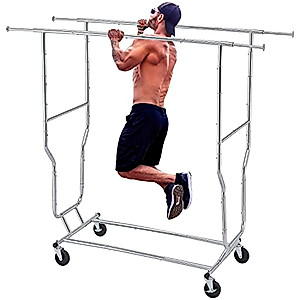 Tajsoon Clothes Rack,Collapsible Standard Rolling Garment Rack With Wheels,Extendable Liftable Y Type Heavy Duty Double Rods Clothes Hanging Rack,Commercial Clothing Storage Display Stand,Chrome