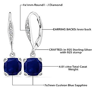 Gem Stone King 925 Sterling Silver Blue Sapphire and White Diamond Earrings For Women (4.01 Cttw, Gemstone September Birthstone, Cushion 7MM)