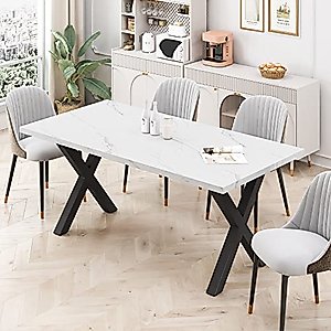 Henf 71" Dining Table for 6-8 People Luxury Faux Marble Kitchen Table Rectangular Dining Room Table with Double X-Shape Metal Base, Large Long Dinner Table for Kitchen Dining Room (White & Black)
