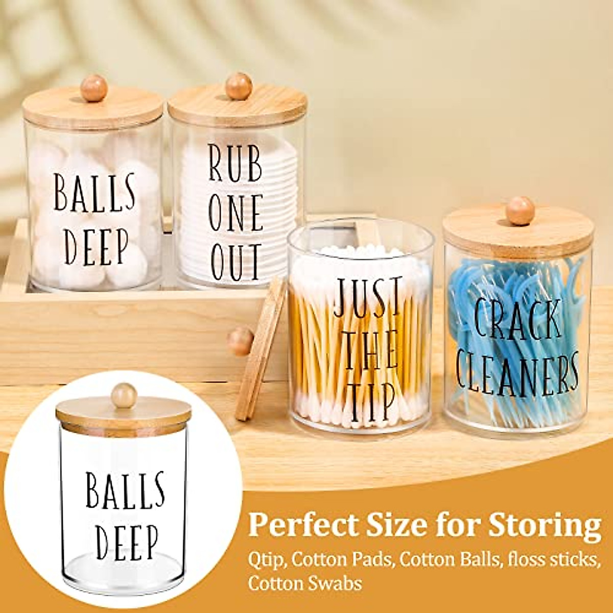 4 Pack Qtip Holder Apothecary Jars with Lids,10 oz Clear Bathroom Organizer Storage for Cotton Ball, Cotton Swab, Cotton Round Pads and Floss, Cotton Ball Holder Bathroom Decor Bathroom Containers