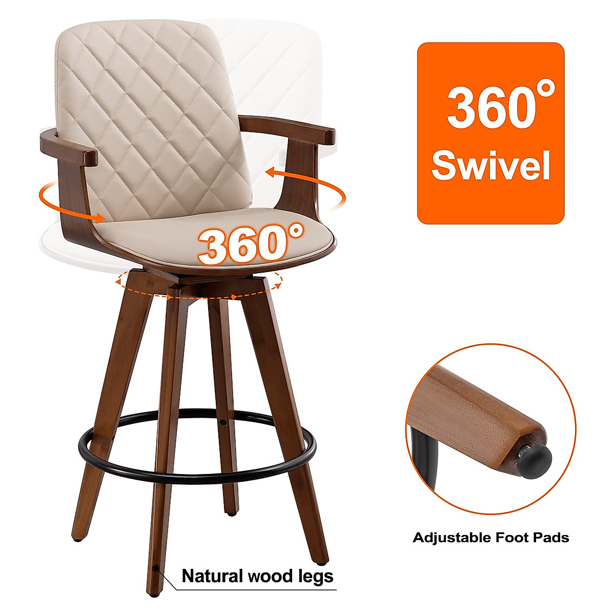 WUPOTO Bar Stools Set of 2, Upholstered Faux Leather Counter Height Bar Stools, Swivel Barstools with Wooden Arms and Legs (Beige, 30" Seat Height)