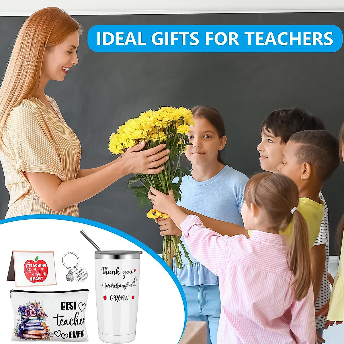 YOOIPI Teacher Appreciation Gifts, Best Teacher Gifts for Women with 20 oz Insulated Tumbler Makeup Bag Keychain and Card Thank You Gifts for Teachers Day Birthday Graduation Thanksgiving Christmas