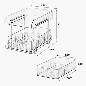 SANNO 2 Tier Clear Organizer with Dividers, Kitchen Pantry Pull-Out Under Sink Organizer Sliding Storage Drawers Baskets, Medicine Bins Bathroom Vanity Counter Organizing Tray