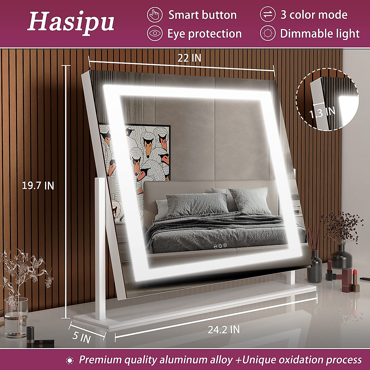 Hasipu Vanity Mirror with Lights, 24.2" x 19.7" LED Makeup Mirror, Light up Mirror with 10X Magnification and USB, Phone Holder, Smart Touch 3 Colors Dimmable, 360° Rotation (Right Angle White)