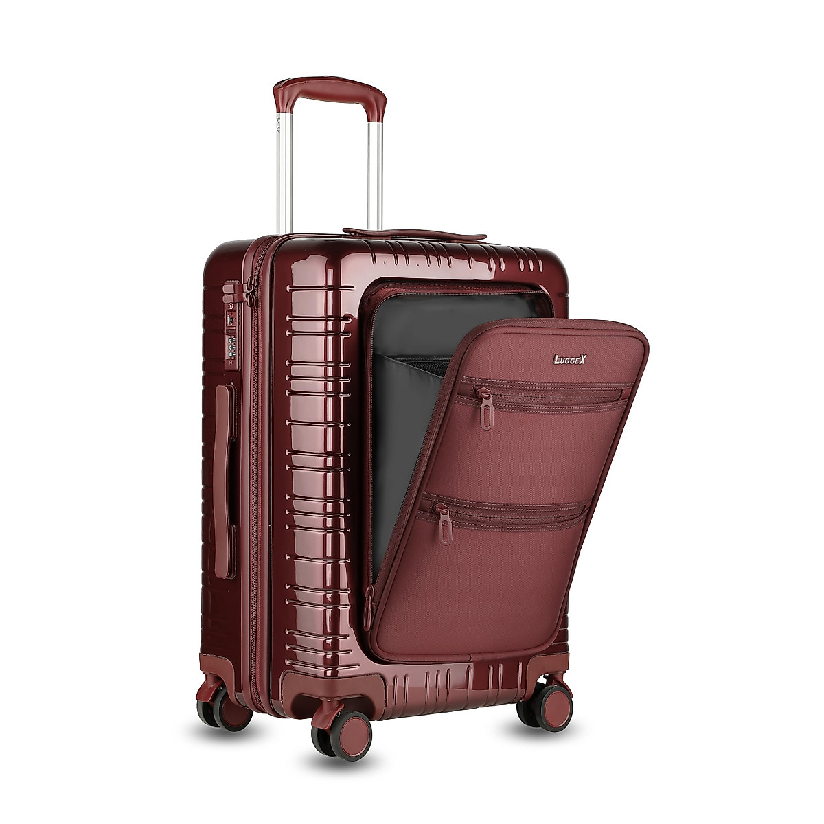 LUGGEX Carry On Luggage with Front Pocket, PC Hard Shell Suitcase with Spinner Wheels, Soft Front Flap with Multiple Pockets (Red, 21 Inch, 38L)