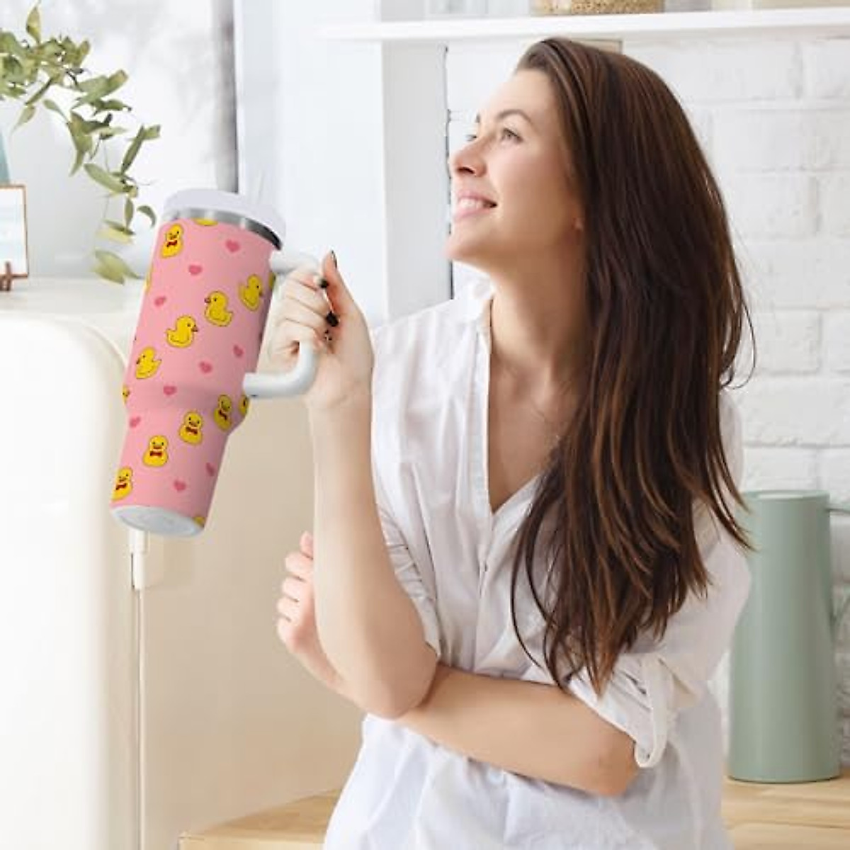 Caikeny Insulated Tumblers with Lid and Straw Ducks Hearts 30 oz Reusable Stainless Steel Cup Yellow Water Bottle Coffee Travel Tumbler Mug for Women Men