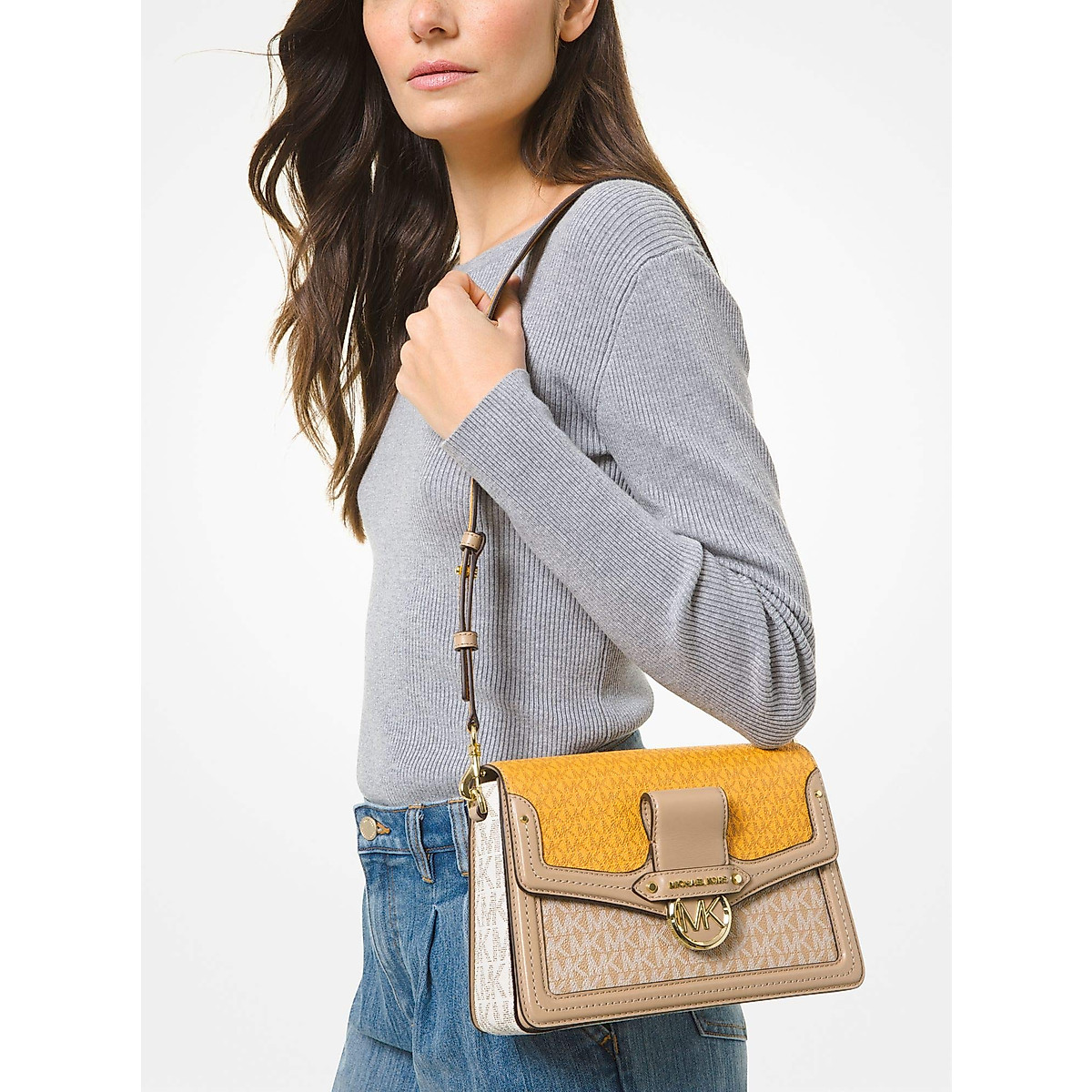 Michael Michael Kors Michael Kors Women s Jessie Medium Two Tone Logo Shoulder Bag in Sunshine Multi, Style 30S0SI6L2V.