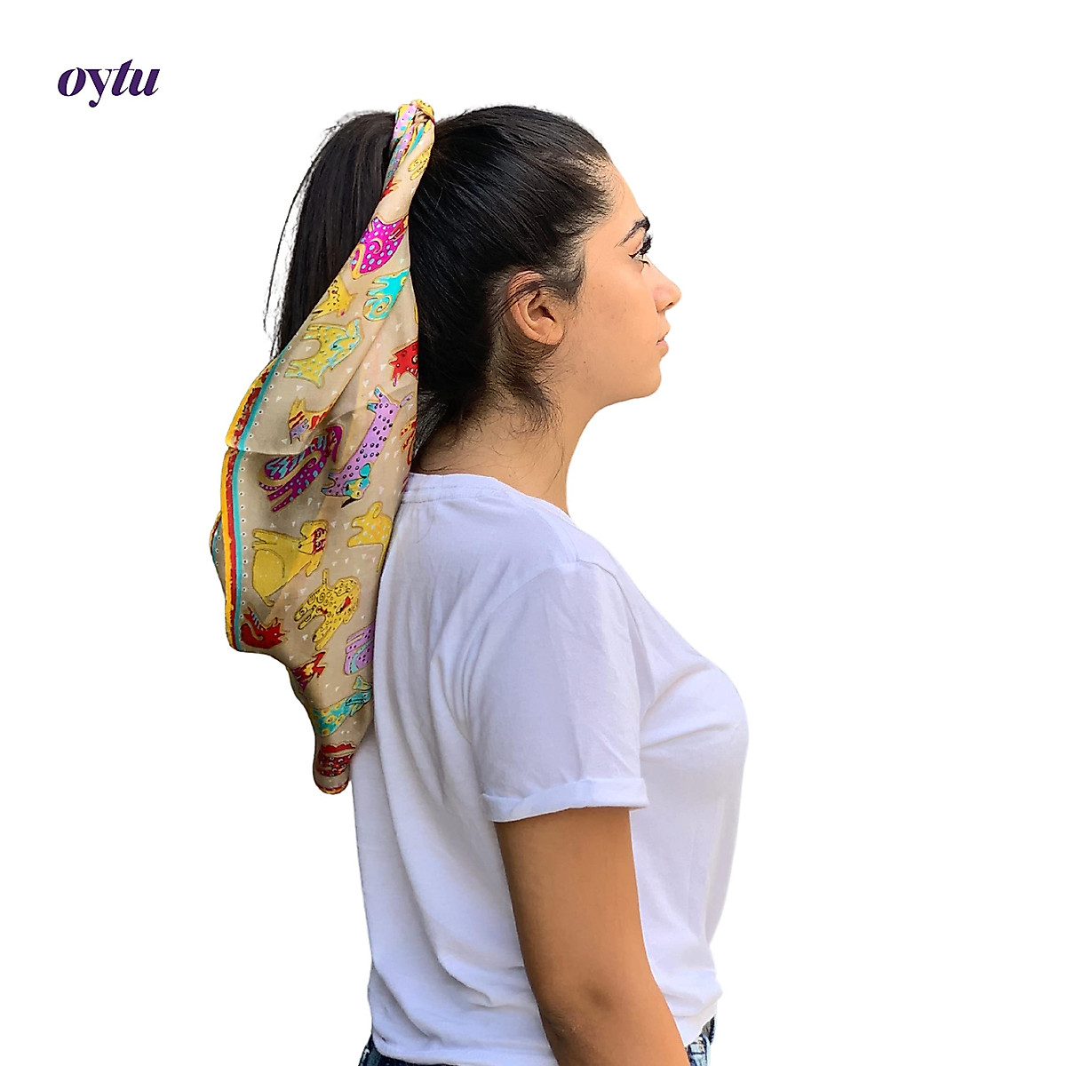 OYTU Silk Scarf for Women0, Mulberry Silk Scarf, Pure Long Cat Printed Silk Scarf, Head Scarf, Headbands, Scarves Art Print