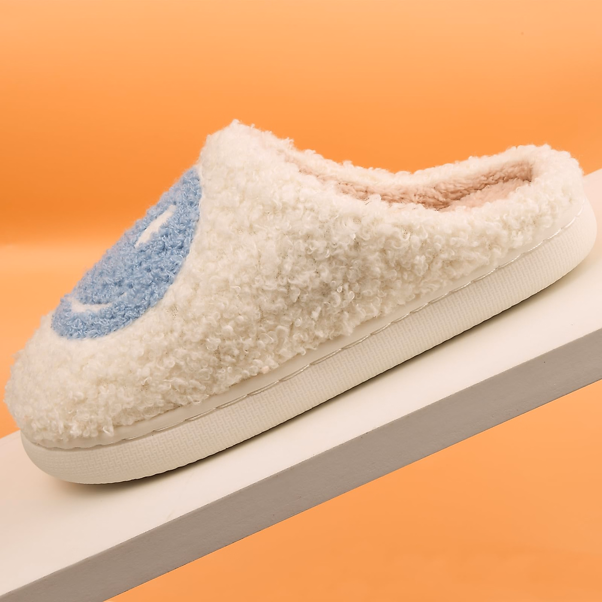 ZICKYO Kids Slippers Boys Girls Cute Happy Face House Slippers Warm Soft Plush Non-Slip Indoor Outdoor Slip-on Shoes White Blue 2-2.5 Little Kid