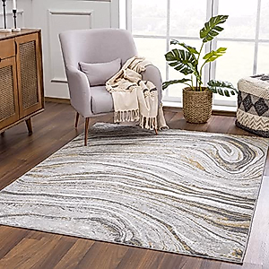 Hauteloom Liverpool Modern Abstract Bedroom Living Room Area Rug - Marble Swirl Pattern - Contemporary Bohemian Farmhouse - Light Grey, Dark Grey, Yellow - 5'3" x 7'
