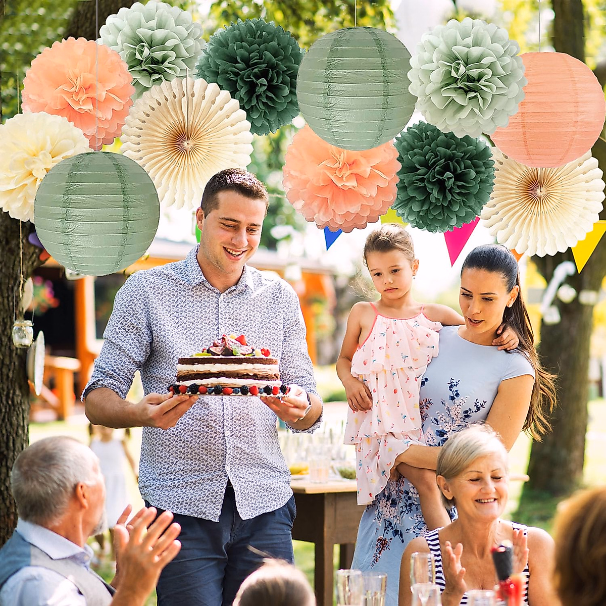 Sage Green and Peach Party Decorations Olive Green Sage Cream Peach Tissue Paper Pom Poms Lanterns Confetti Dots Scatter Table Decoration for Bridal Shower Wedding Engagement Birthday Party Decoration
