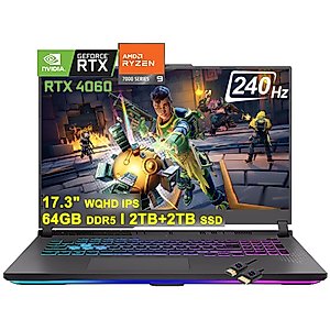 ASUS ROG Strix G17 G713 Gaming Laptop | 17.3" WQHD IPS 240Hz | AMD 12-Core Ryzen 9 7845HX >i9-12900H | 64GB DDR5 2TB+2TB SSD | GeForce RTX 4060 8GB | USB-C RGB Backlit Win11 Black + HDMI Cable