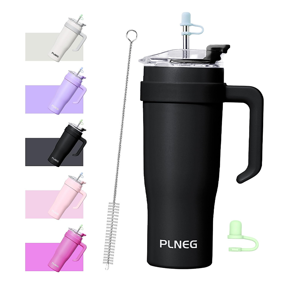 PLNEG Tumbler with Handle 40oz Insulated Water Bottle with Straw Lid Stainless Steel Travel Coffee Mug for Men Women gifts.（Black,Single）