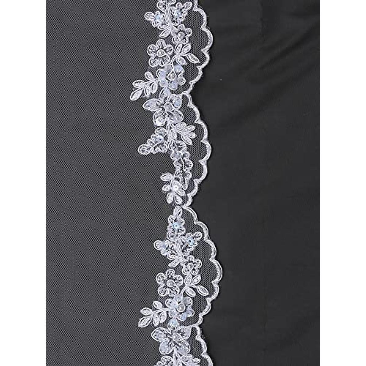 SAMKY 1T 1 Tier Flower Scallop Embroided Lace Pearl Veil - White Fingertip Length 36" V466
