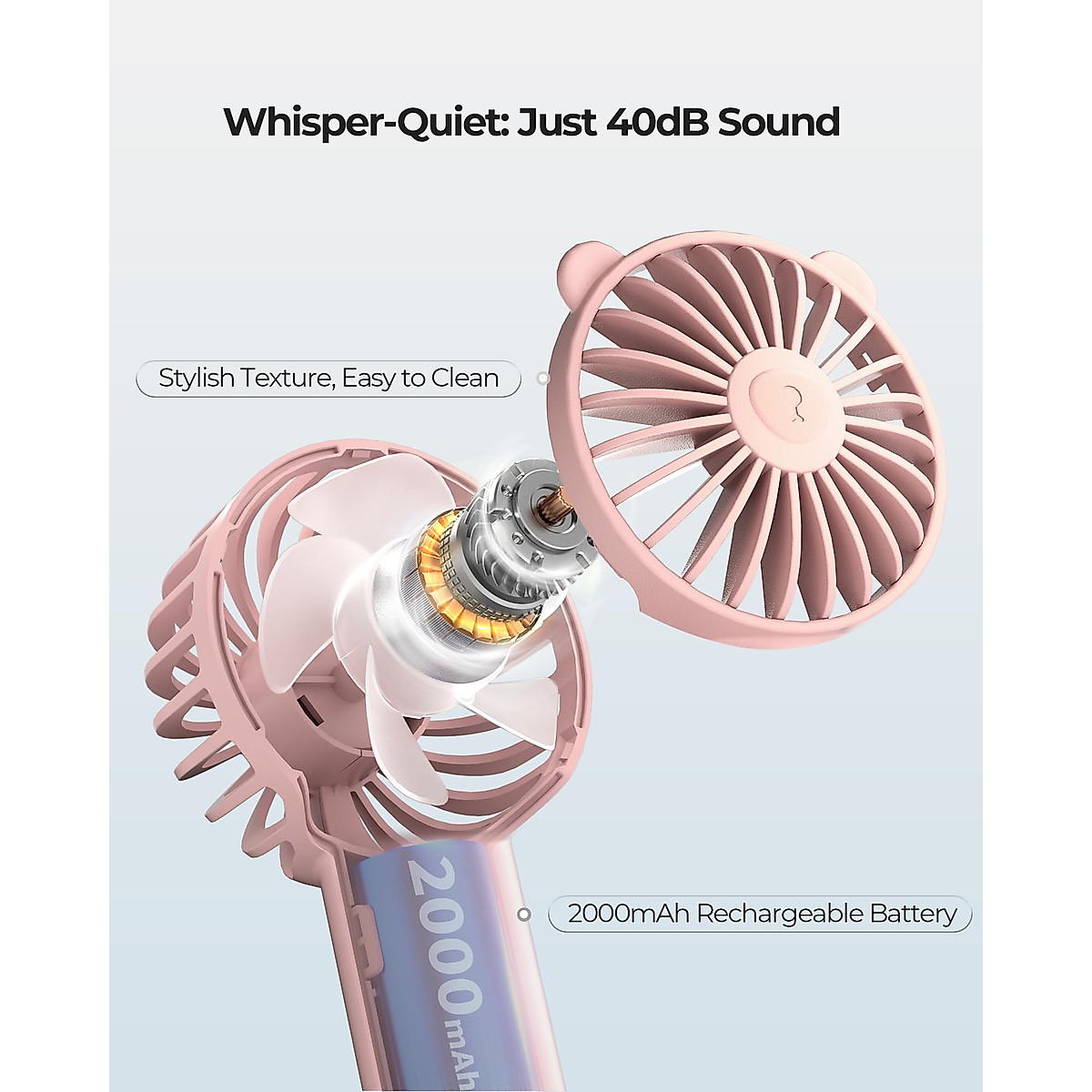 Mini Fan, Portable Fan with 3 Speeds for 2000mAh Battery USB-C Rechargeable, 3-Speed Quiet Operation, Stylish Handheld Fan for Outdoors & Travel