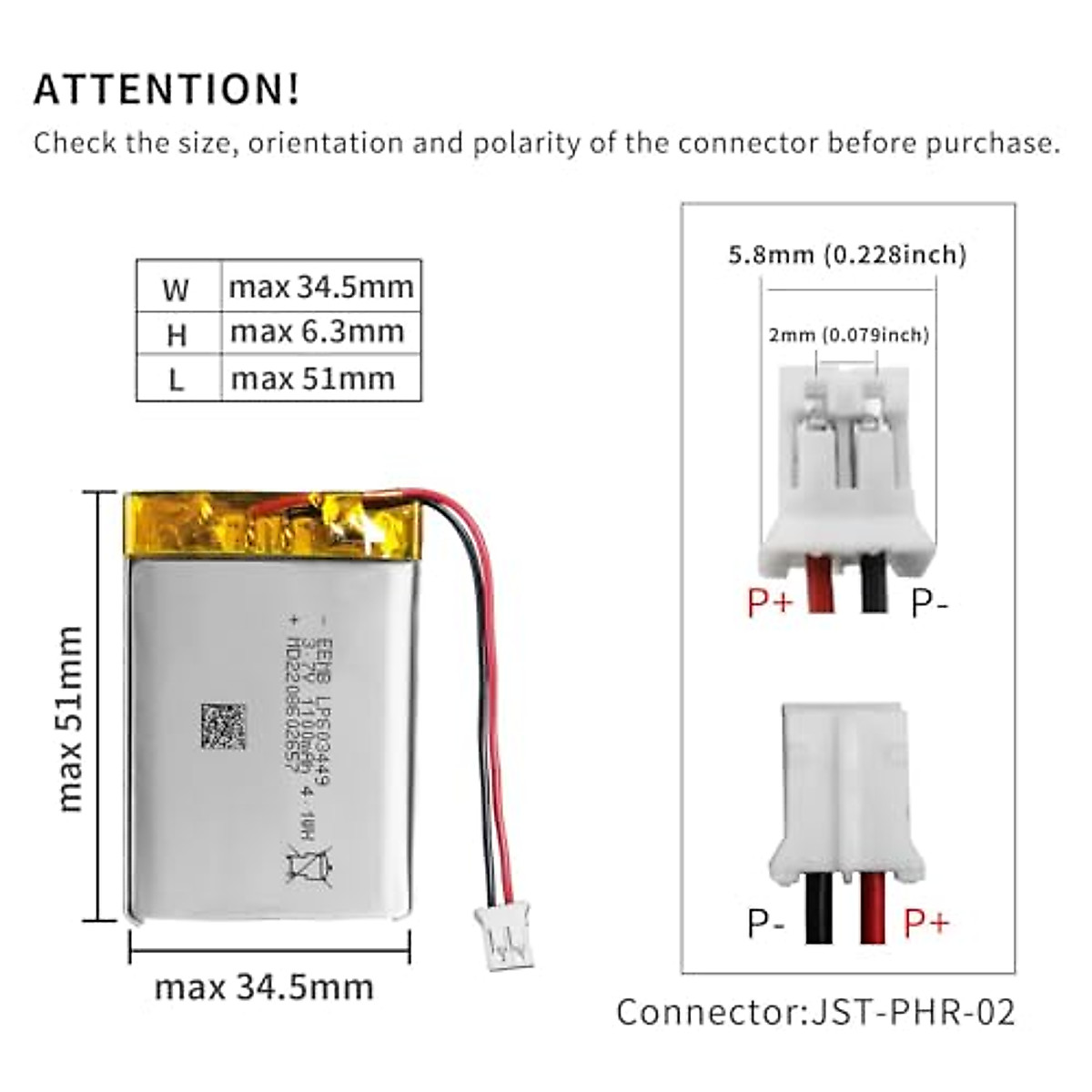 EEMB Lithium Polymer Battery 3.7V 1100mAh 603449 Lipo Rechargeable Battery with Wire JST 2.0mm Connector for Speaker and Wireless Device- Confirm Device & Connector Polarity Before Purchase