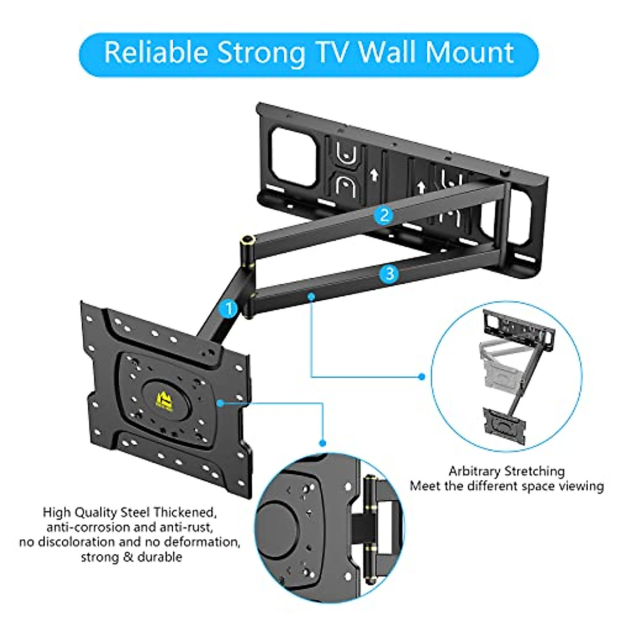 FORGING MOUNT Corner TV Wall Mount with 25.6inch Long Arm,Full Motion TV Mount Swivel and Tilt,Fit for 13-43”TVs,Monitor Wall Mount with Max VESA 200x200mm,16” Wood Studs,Holds up to 77lbs