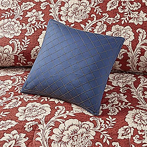 Madison Park Lucy 100% Cotton Reversible Duvet Set Beautiful Floral Pattern, Ruffle Border Design All Season, Breathable Comforter Cover Bedding, Matching Shams, Queen(90"x90"), Red 9 Piece