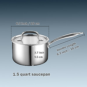 Cook N Home Stainless Steel Saucepan 1.5 Quart, Tri-Ply Full Clad Sauce Pan with Glass Lid, Silver