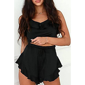 CHYRII Women's Sexy Silk Satin Ruffled Pajamas Sets Cami Shorts Sets Cute PJS Lingerie Slppewear Set Black M