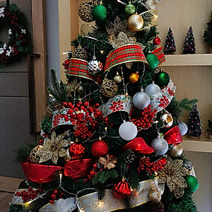 8 Rolls 48 Yards Assorted Christmas Tree Ribbon Plaid Bow Wired Ribbon Craft Gift Wrapping Ribbon Holiday Poinsettia Floral Mesh Sheer Glitter Tulle Organza Ribbon 2.5" Wide for Xmas Wreath Garland