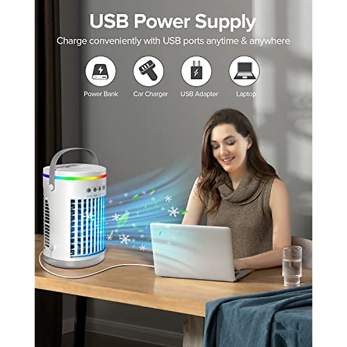 Portable Air Conditioners,ovolta 1400ml Evaporative Air Cooler 3 Speeds,USB Personal Air Conditioner with 7 LED Light,Portable AC Air Conditioner for Room Kitchen Office Desk Bedroom Camping (white)