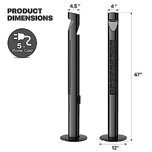 mollie Oscillating Quiet Tower Fan with Remote Control 3 Speeds 12H Timer Portable LED Display 47 Inch Electric Air Circulator Cooling Floor Standing Fan for Home Bedroom Office Living Room Black