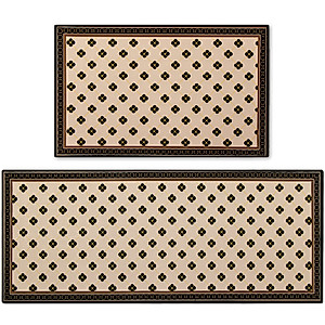AUTODECO 2 PCS Farmhouse Kitchen Mats and Rug Set - Vintage Water Absorb Microfiber Kitchen Rug Non Skid Washable for Bathroom Laundry Room 17"x29.5"+17"x47", Beige&Black