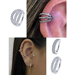 Ftovosyo 16G Conch Piercing Jewelry Surgical Steel Conch Hoop Earring Double Row Diamonds Helix Piercing Jewelry Conch Earrings for Women Lip Labret Rings Hoop Silver-tone