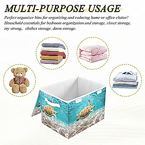 Kigai Storage Basket Underwater Sea Turtle Storage Boxes with Lids and Handle, Large Storage Cube Bin Collapsible for Shelves Closet Bedroom Living Room, 16.5x12.6x11.8 In