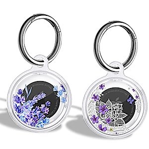 Cute Flower Case for AirTags Holder with Keychain Glitter Pretty Floral Purple Lavender & White Lace Butterfly Pattern Design for Women Girls,Clear Soft TPU Silicone Case for Apple AirTag