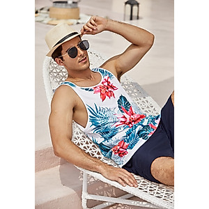 COOFANDY Men's Floral Tank Tops Sleeveless Tees All Over Print Casual Sport Loose Fit T-Shirts Hawaii Beach Tee Tops White M
