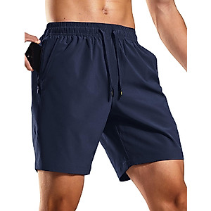 MIER Men's 7 Inch Dry Fit Athletic Running Shorts with Zipper Pockets - No Liner Workout Gym Active Shorts, Navy Blue, M