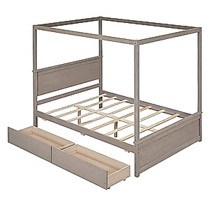 SIYSNKSI Modern Full Size Canopy Platform Bed with 2 Drawers, Wood Canopy Platform Bed with Support Slat, 4-Post Canopy Platform Bed Frame for Kids Teens Adult (Brushed Light Brown-2 Drawers)