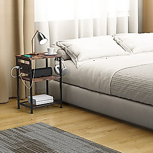 HEZI End Table with Charging Station & USB Ports, 3-Tier Side Table with PD 20W USB C for Living Room Study Bedroom,Narrow Sofa Table Bedside Table with Storage Shelf,Small Nightstand, Brown