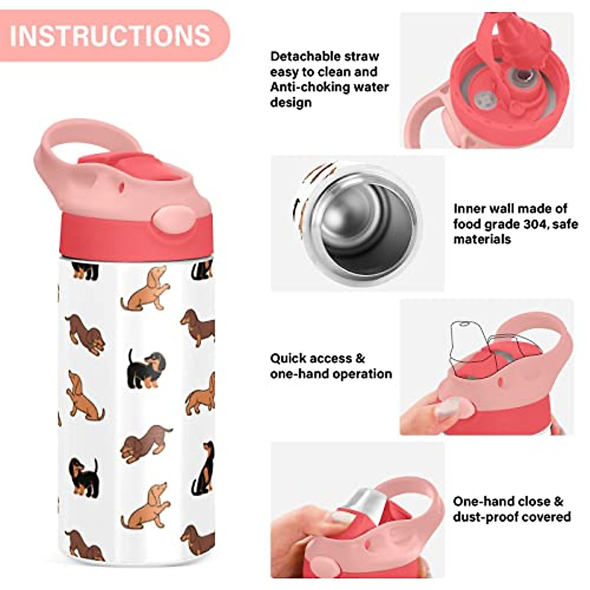 xigua Kids Water Bottles 12oz Cute Dogs Dachshunds Insulated Bottle with Straw Lid Stainless Steel Tumbler Vacuum Cup Thermal Bottles