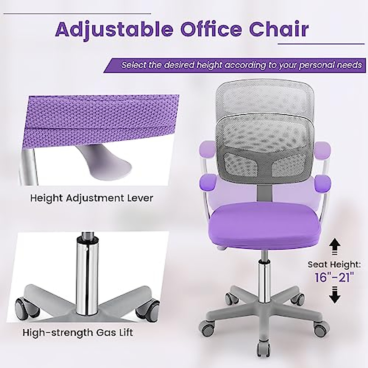Giantex Kids Desk Chair, Height Adjustable Children Swivel Computer Chair with Y-Shaped Lumbar Support & Auto Sit-Locking Wheels, Mesh Kids Task Chair for Study, Boys Girls Aged 4-13,Purple