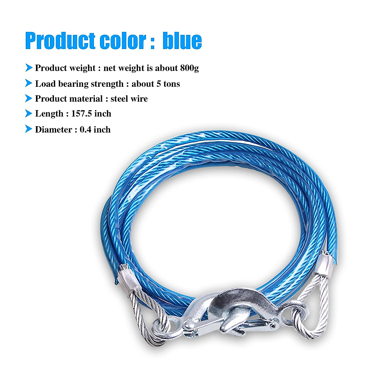 Dewkou Pack-1 Tow Cable with Hooks, 1/2" x 13Ft Blue Winch Cable with Forged Hook, 15432LBS Breaking Strength, Steel Wire Rope for Tow Truck, Rollback, Crane, Wrecker