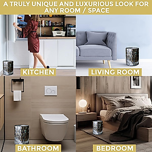 Escenzy Modern Bathroom Trash Can Mosaic Glass 6L | Decorative Small Garbage Can | 8" x 10" | Luxury Waste Basket for Bathroom, Office, Bedroom & Kitchen | Shiny Black and Gold Bathroom Accessories