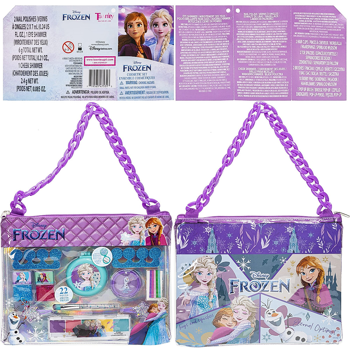 Disney Frozen - Townley Girl Fashion Chain Bag with Peel- Off Nail Polish, Eyeshadow, Hair Accessories, Hair Brush and More, with Rainbow Chain for Girls, Ages 3+