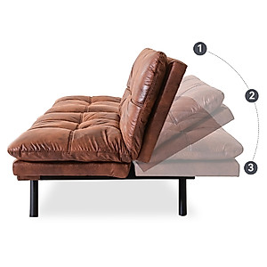 Sunny Heart 71" Futon Sofa Bed Couch,Memory Foam Faux Leather Couch Bed,Convertible Sleeper Sofa with Adjustable Backrests Armrests for Living Room,Office,Small Space,Apartment,600lb Capacity,Brown