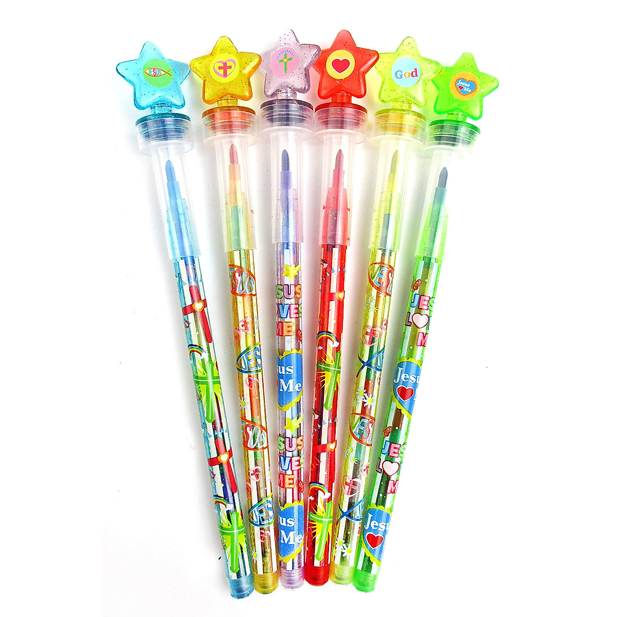 TINYMILLS 24 Pcs Religious Christian 2 in 1 Stackable Stacking Crayon with Extra Stamper Topper, Sunday School Classroom Rewards, Prizes, Christian Toys Sunday School Rewards