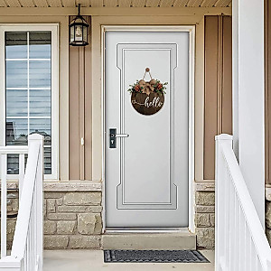 Wood Round Hello Welcome Wreath Sign Hanging Decoration Front Door, Farmhouse Porch Sign and Artificial Green Plant, Rural Outdoor Decor New House Relocation Gift