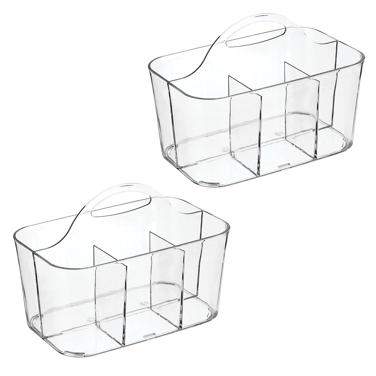 mDesign Plastic Makeup Storage Organizer Caddy Tote, Divided Basket Bin, Handle for Bathroom, Hold Eyeshadow Palettes, Nail Polish, Brushes, Shower Essentials, Small, Lumiere Collection, 2 Pack, Clear