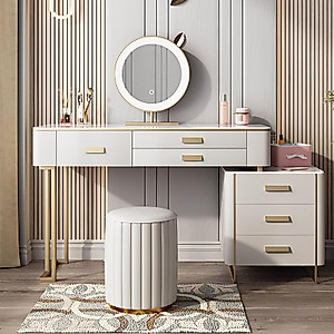 Luxury Makeup Vanity Desk with 6 Solid Wood Drawers, Freely Movable Side Cabinet, Marble Slate Desktop Dressing Table, Microfiber Leather Wrapped Vanity Stool - 39.4In White