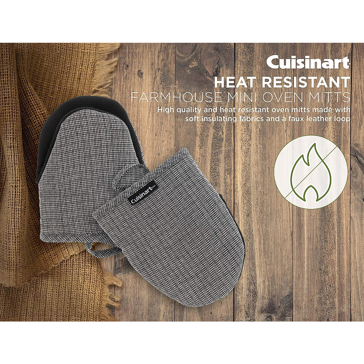 Cuisinart Farmhouse Neoprene Mini Oven Mitts, 2pk - Heat Resistant Pot Holders to Protect Hands with Non-Slip Grip and Hanging Loop - Ideal for Handling Hot Cookware - Micro Houndstooth