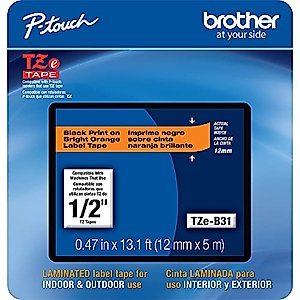 Brother Genuine P-touch, TZe-B31CS, 0.47” x 16.4’, Black on Fluorescent Orange Laminated Label Tape