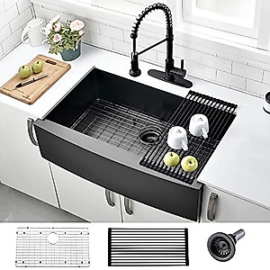 33 Inch Farmhouse Sink Black- VOKIM 33 Inch Black Stainless Stee Farmhouse Sink Apron Curved Front kitchen Sink 16 Gauge Single Bowl Gunmetal Matte Black Stainless Steel Kitchen Sink