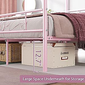 Weehom Metal Canopy Platform Bed Frame with 4 Posters and Headboard Under Bed Storage No Box Spring Needed for Adults Girls Bedroom Decoration Full Size Bed, Pink