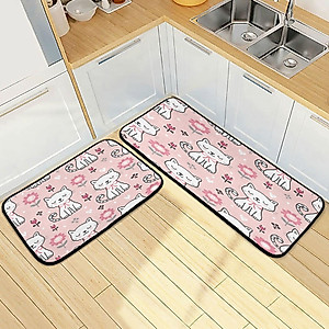 Pink Cat Flower Kitchen Rug Mats 2PCS Non Slip 47" x 20" + 28" x 20" Kitchen Carpet Floor Mat Hallway Rugs Anti Fatigue Doormat